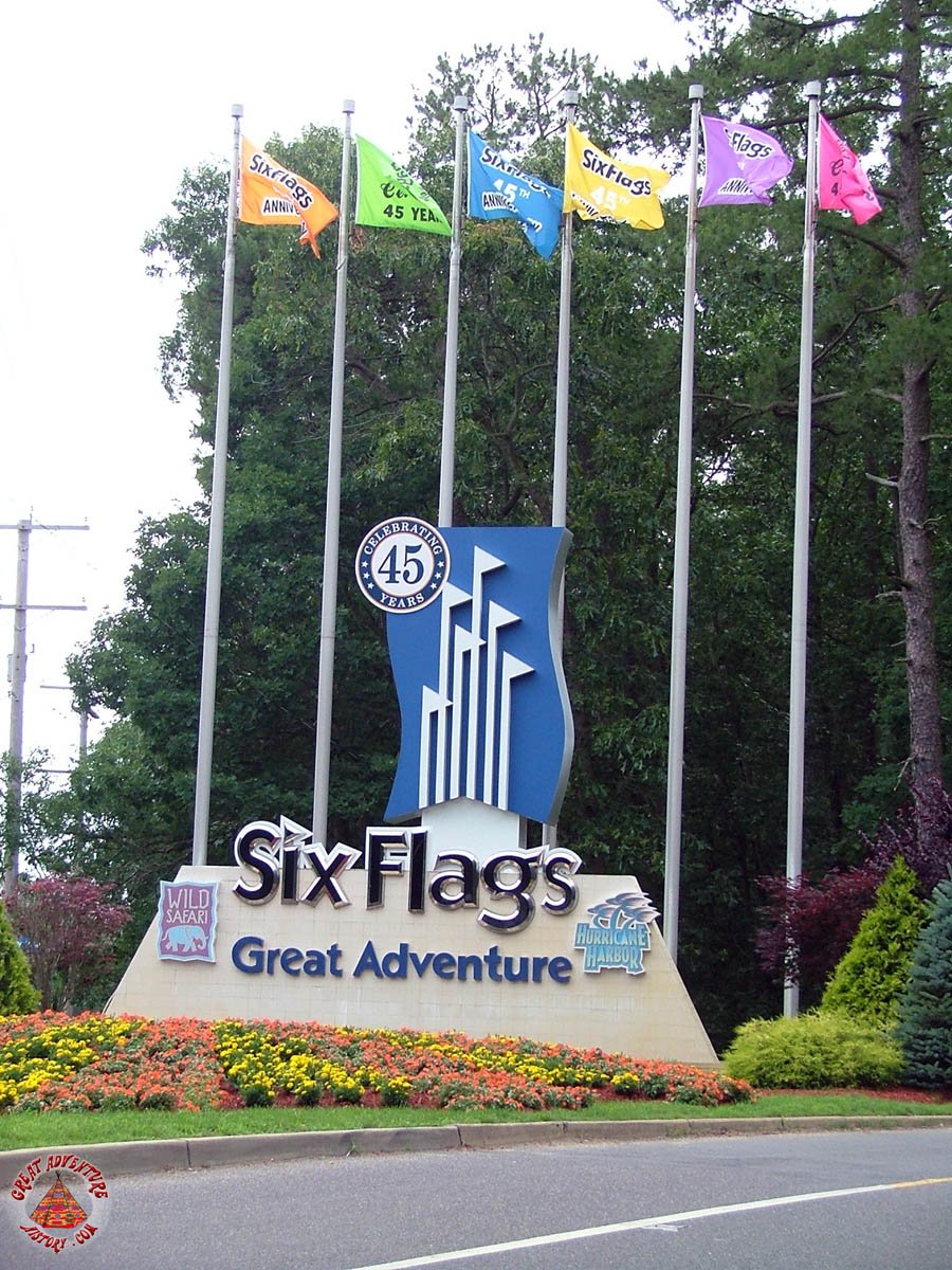 Six Flags Blue Banner Highway Sign at Six Flags Great Adventure